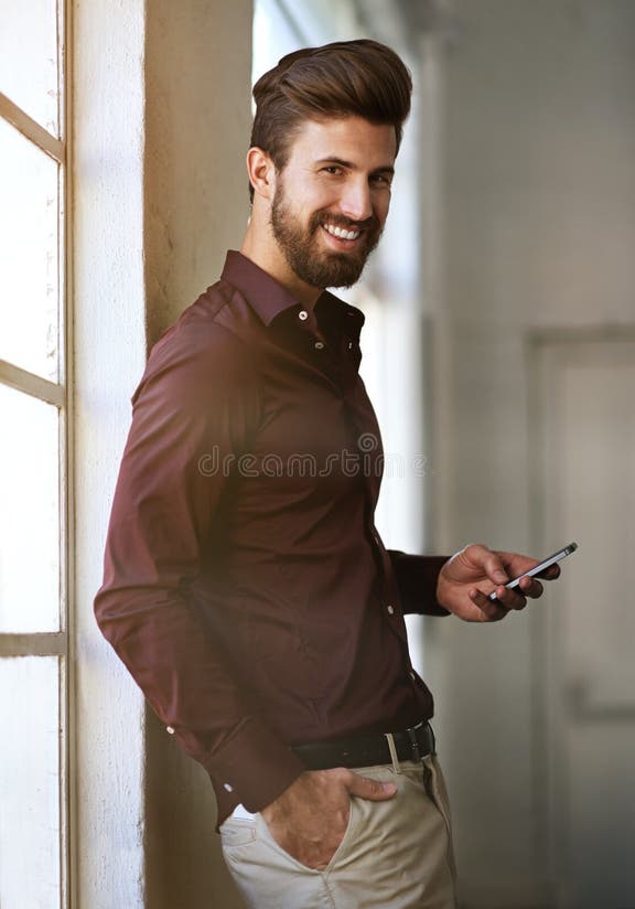 Creative, Man and Portrait with Smartphone in Office for Client ...