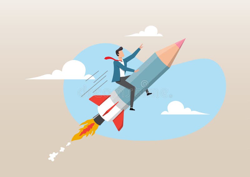 Creative Man Riding Pencil Rocket Flying in the Sky Stock Vector ...