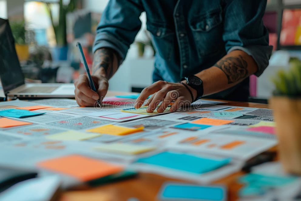 Creative Man Working on New Project, Writing Short Note on Map. Stock ...