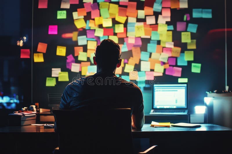 Creative Man in Workspace Surrounded by Sticky Notes and Ideas Stock ...