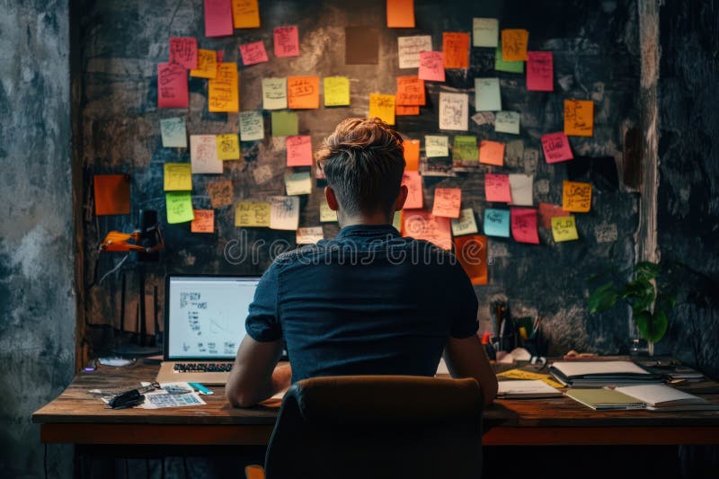 Creative Man in Workspace Surrounded by Sticky Notes and Ideas Stock ...