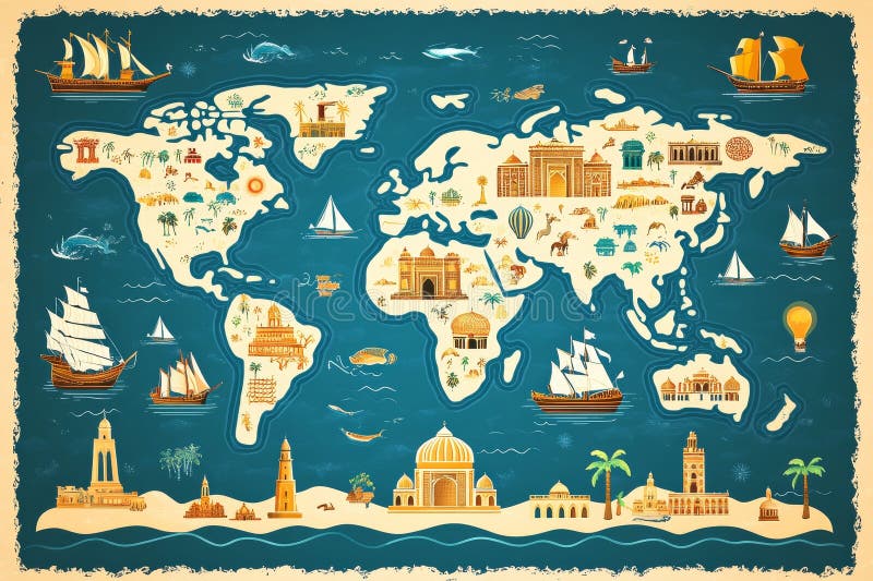 Creative Map Illustrating Central Asian Sites and Boats Stock Photo ...