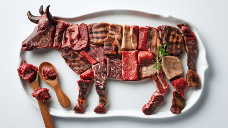 Creative Meat Cuts Diagram in Cow-Shaped Dishes. Diagram Cutting Cow ...