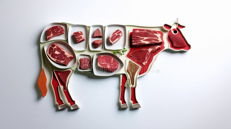 Creative Meat Cuts Diagram in Cow-Shaped Dishes Stock Illustration ...