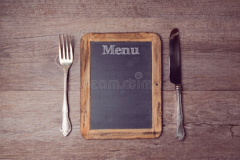 Creative Menu Background with Chalkboard and Silverware. View from ...