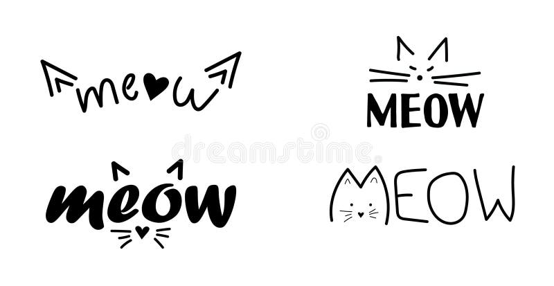 Creative Meow Typography Designs with Cat Whiskers and Ears Stock ...