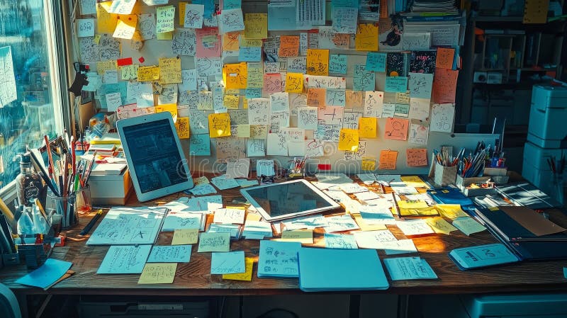 A Messy Desk Covered in Sticky Notes Papers with a Laptop Tablet Stock ...