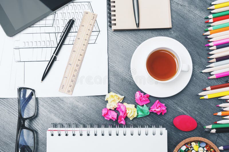 Creative messy desktop stock image. Image of desktop - 110672311