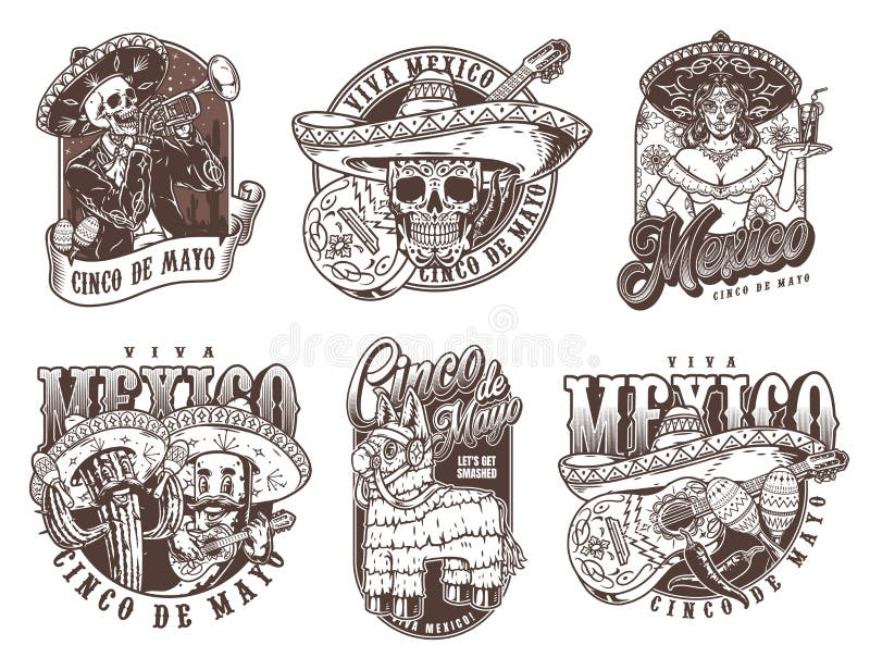 Creative Mexico Emblems Set in Black and White Stock Vector ...