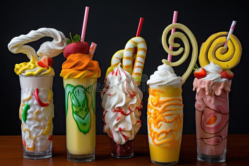 Creative Milkshake Art with Fruit, Sauces, and Whipped Cream Stock ...