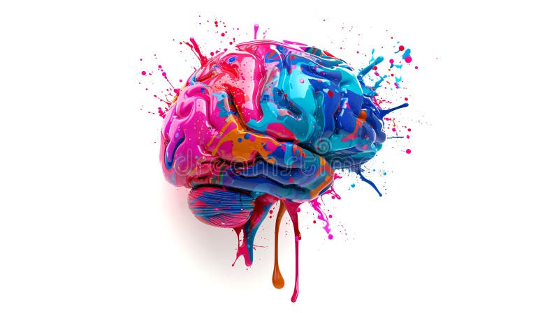 Creative Mind: Brain Imagery with Colorful Paint Drips on White Stock ...