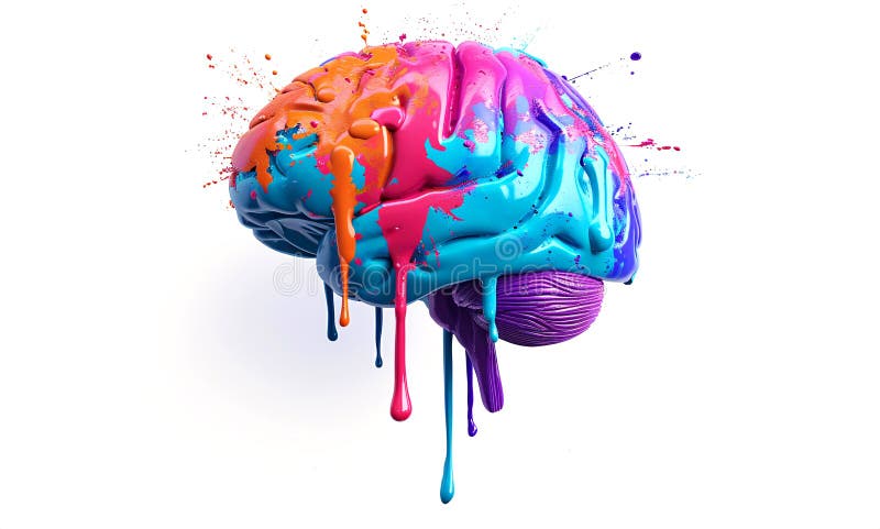 Creative Mind: Brain Imagery with Colorful Paint Drips on White Stock ...