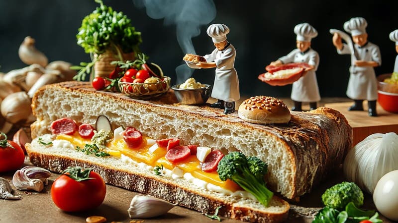 Creative Miniature Chefs Preparing a Delicious Sandwich with Fresh ...