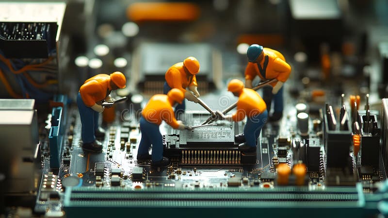 Creative Miniature Workers Working on a Circuit Board, Representing ...
