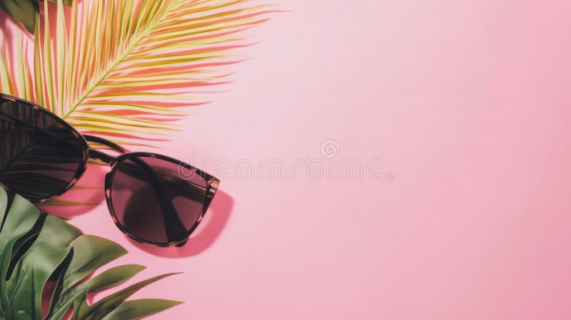Creative Minimal Summer Pink Background with Sunglasses and Tropical ...