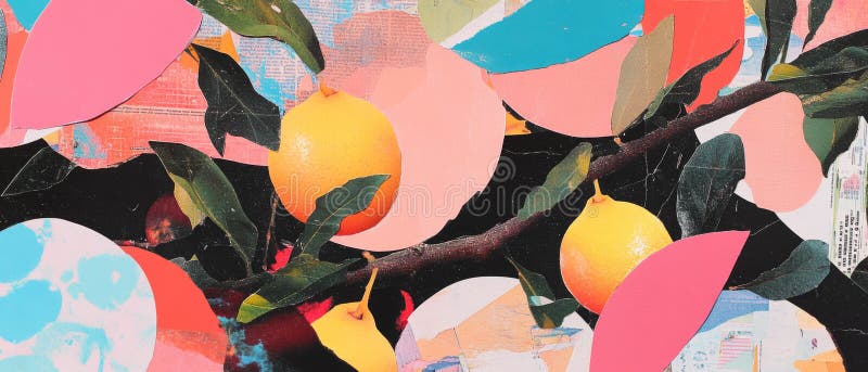 Creative Mixed Media Collage Showcasing Fruit Branches with Vibrant ...