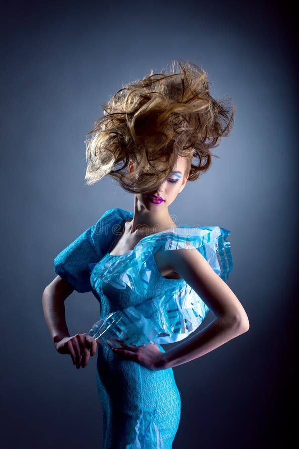 Creative Model Posing in Blue Dress Stock Image - Image of curly ...