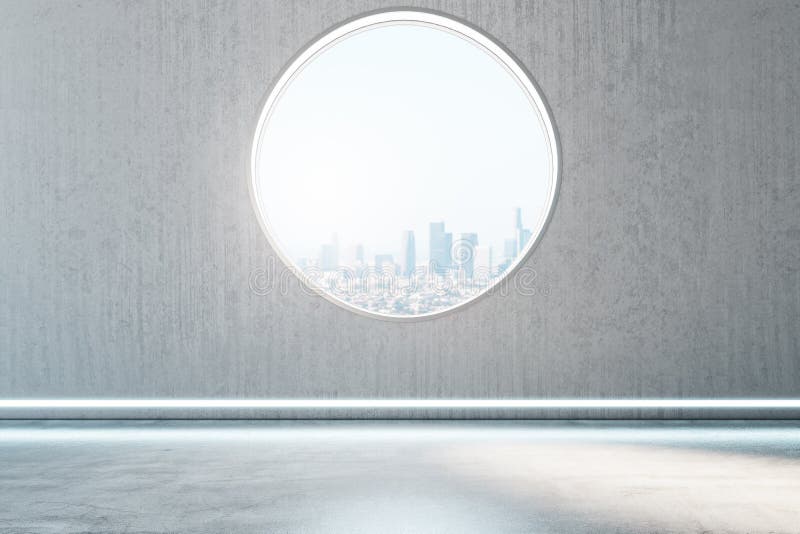 Creative Modern Concrete Interior with Round Window and City View. Mock ...