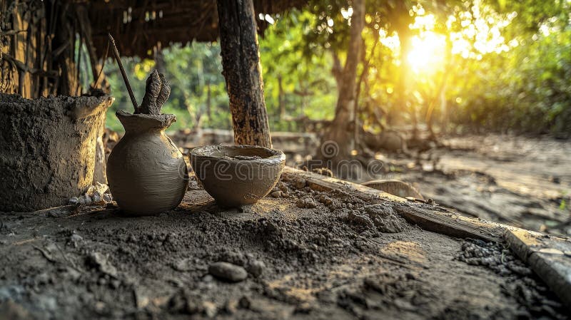 Creative Moment of an Artist Crafting Clay Pots at Sunset in a Rustic ...