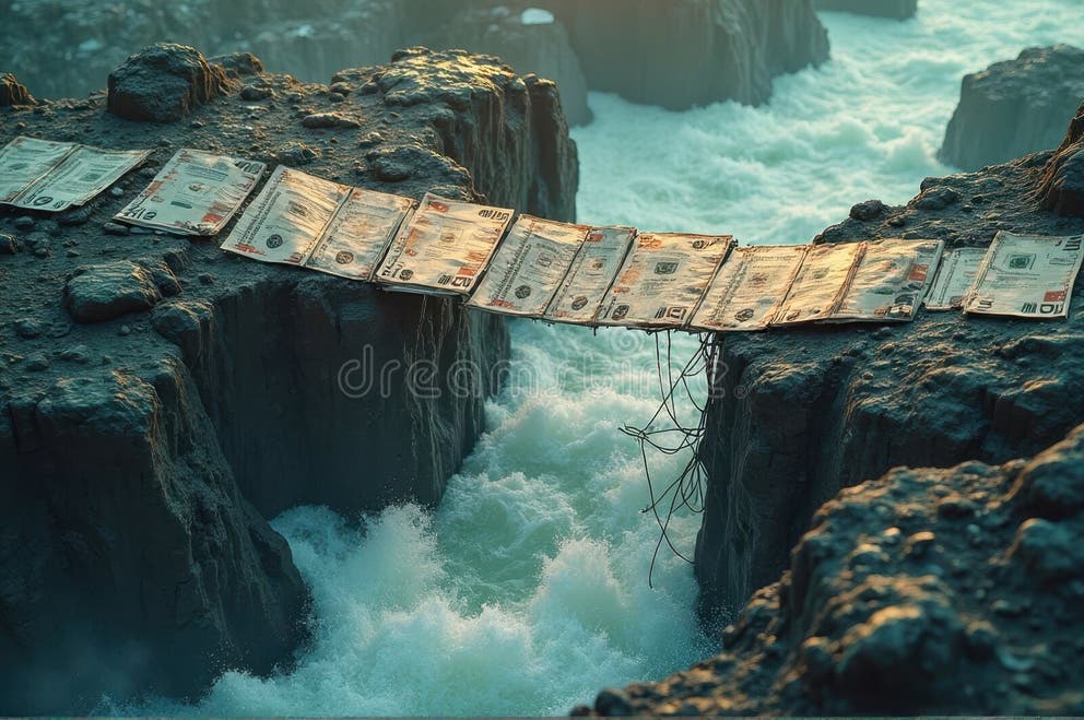 Creative Money Bridge Over Raging River Gorge Stock Photo - Image of ...