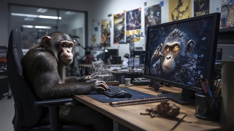 Creative Monkey Working at a Desk in an Innovative Office Digital ...