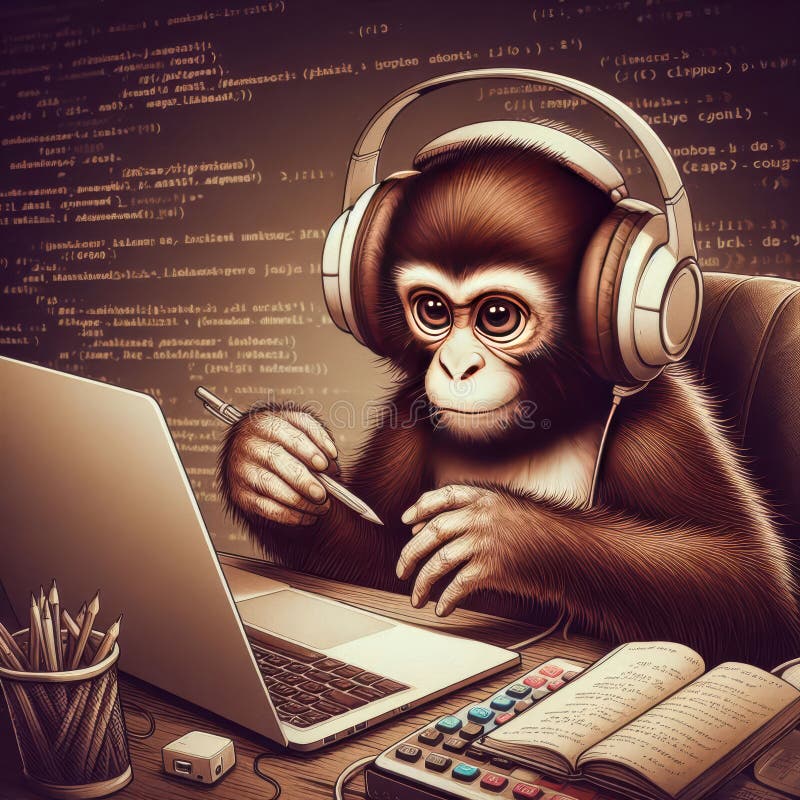 Creative Monkey Working on a Laptop while Using Headphones in a Tech ...
