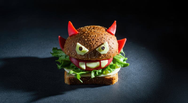 Creative Monster Burger with Devil Horns on Dark Background Stock Photo ...