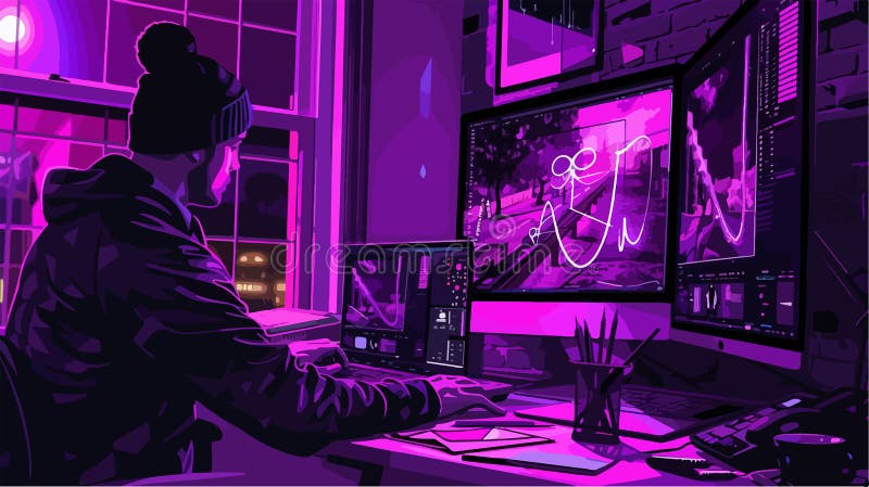 Creative Motion Graphic Designer Working with Pencil on Computer Stock ...