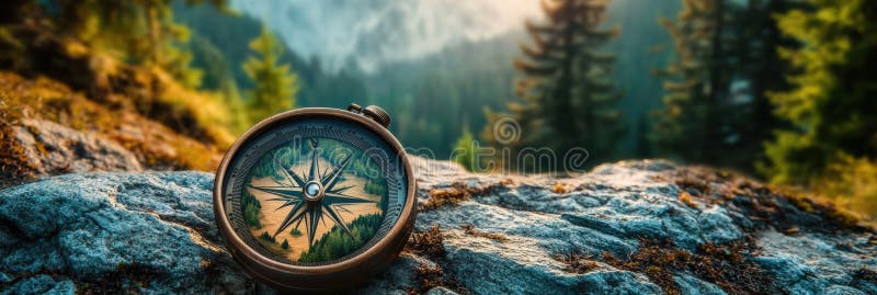 Creative Mountain Compass Resting on a Rock Overlooking Forest Paths ...