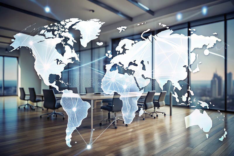 Multi Exposure of World Map Hologram in Office Stock Illustration ...