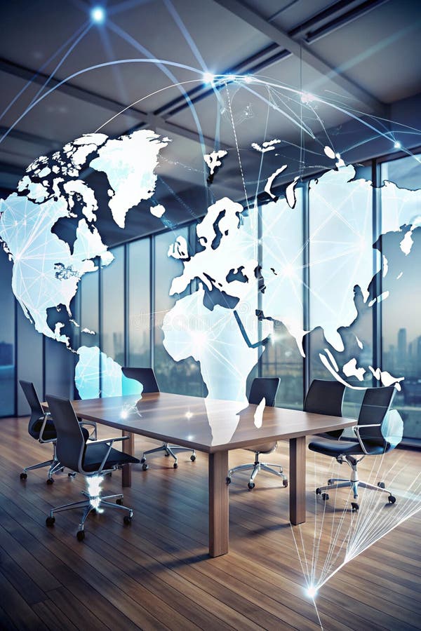Multi Exposure of World Map Hologram in Office Stock Illustration ...