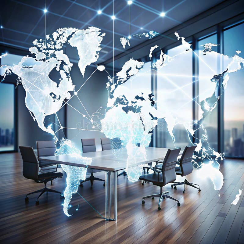 Multi Exposure of World Map Hologram in Office Stock Illustration ...