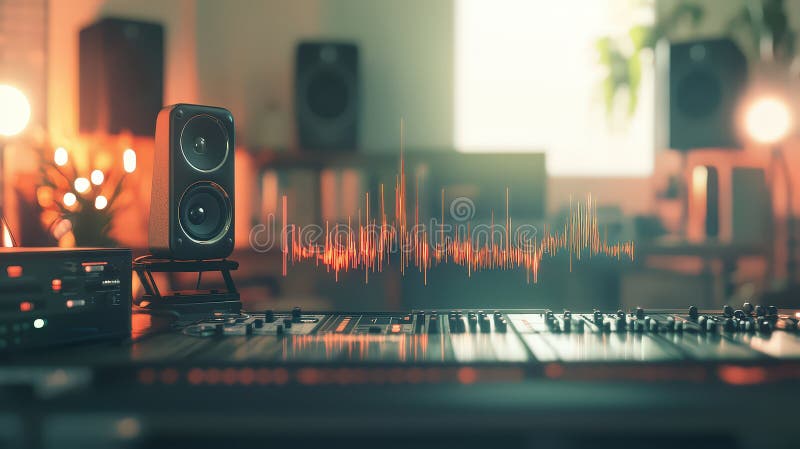 Creative Music Production Session in a Home Studio Engaging Visuals of Sound Waves and Equipment ...