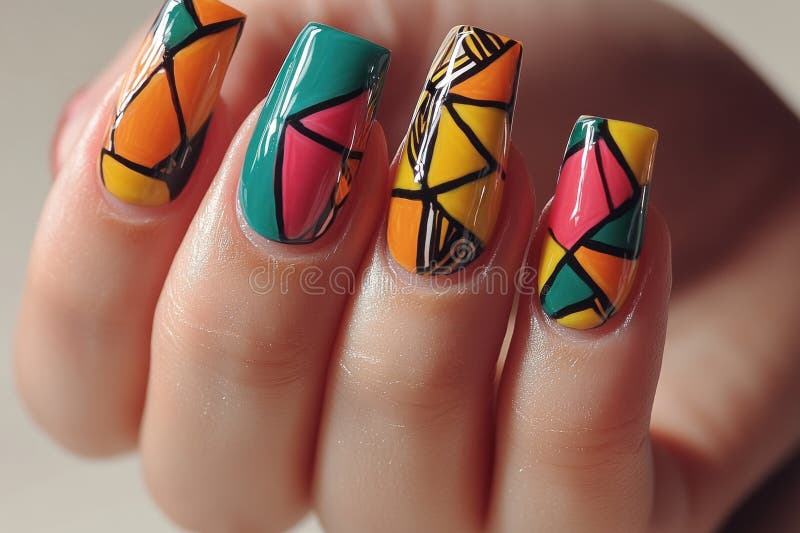 Creative Nail Art Featuring Vibrant Geometric Patterns in Bold Colors ...