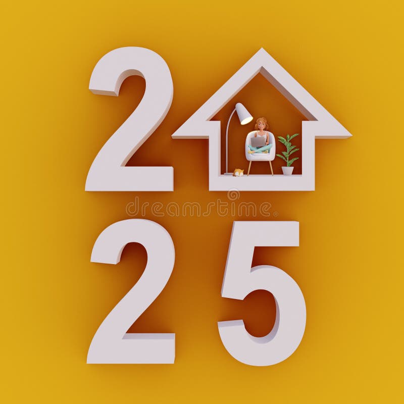 Creative 2025 New Year Concept with House Illustration. 3d Render Stock ...