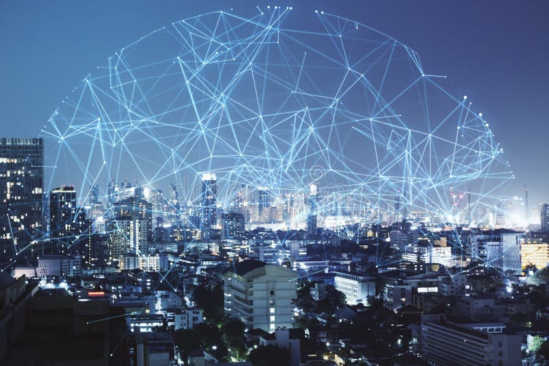 Creative Night City Backdrop with Polygonal Sphere. Communication ...