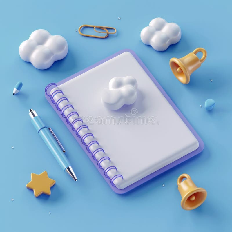 Creative Notebook Concept with Floating Elements on Blue Background ...