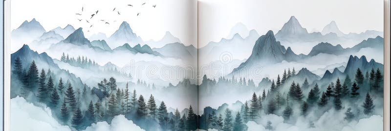 Creative Notebook Featuring Layered Mountain Forest Illustration with ...