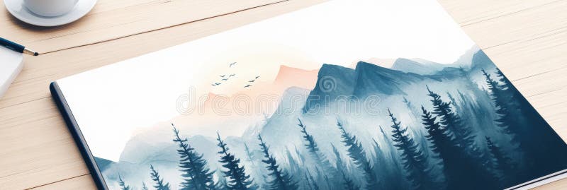 Creative Notebook Featuring Layered Mountain Forest Illustration with ...