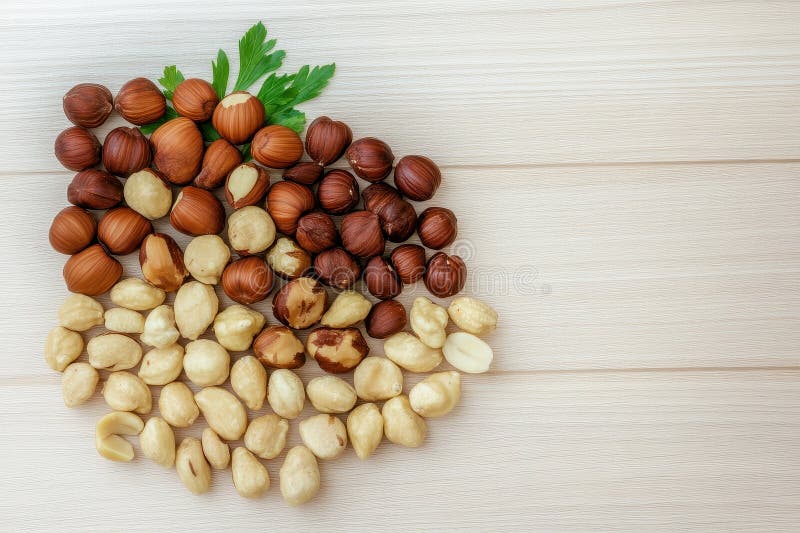Creative Nut Arrangement with Fresh Greenery on Light Wooden Surface ...