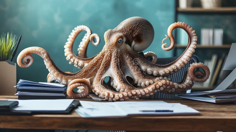 Creative Octopus Interacting in Work Environment Stock Illustration ...
