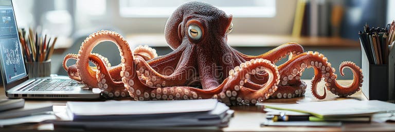 Creative Octopus Utilizing Tech on Office Table Stock Illustration ...