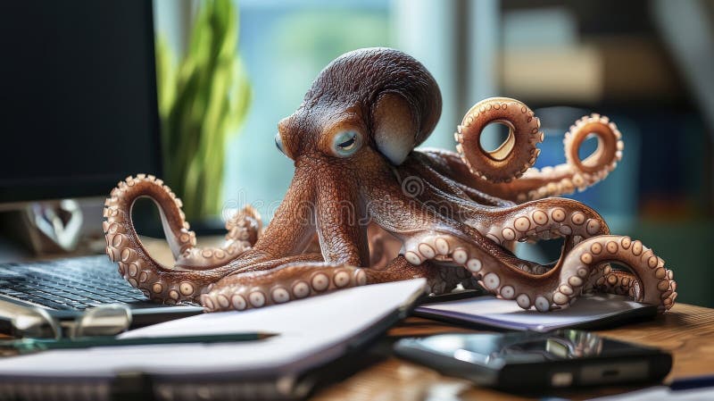 Creative Octopus Working among Tech and Documents Stock Illustration ...