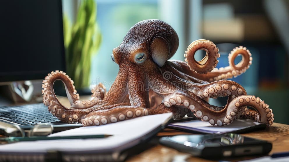 Creative Octopus Working among Tech and Documents Stock Illustration ...