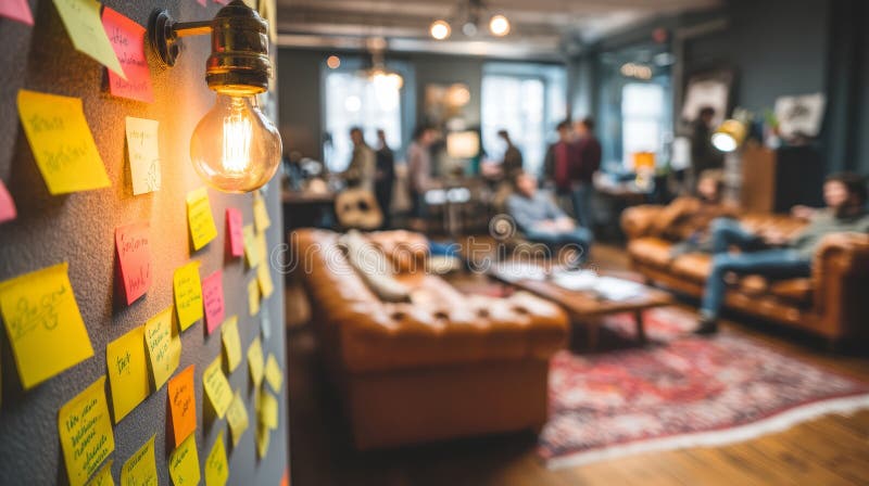 Creative Office Brainstorming Space with Sticky Notes and Warm Lighting ...