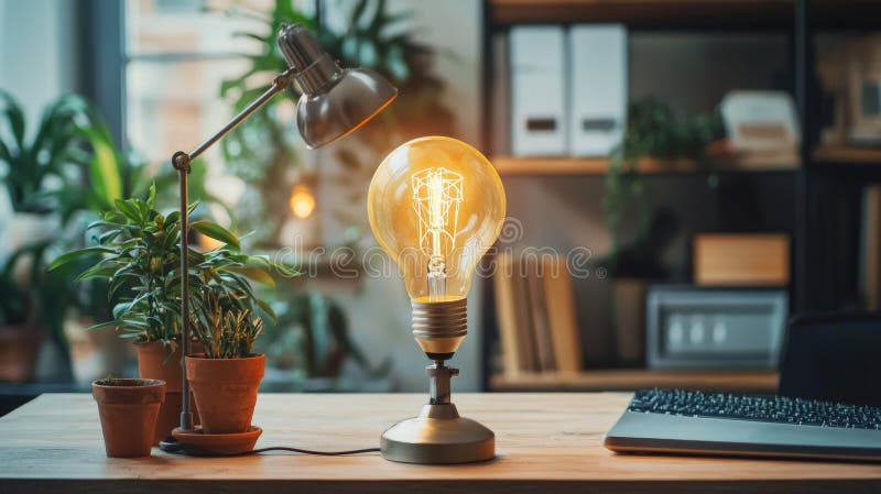 Creative Office Desk with Glowing Light Bulb and Potted Plants Stock ...