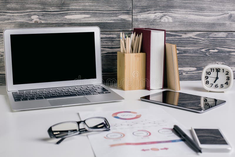 Creative office desktop stock photo. Image of blank, online - 75529398