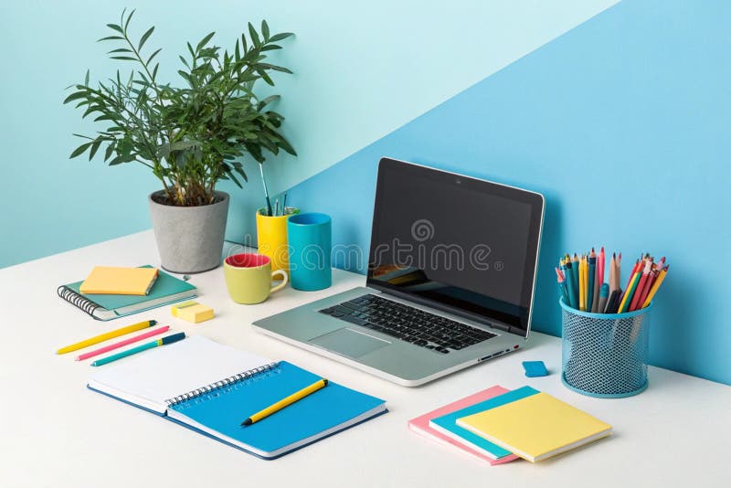 Creative Office Desktop Workspace. Blue Mock Up - Generated by Ai Stock ...