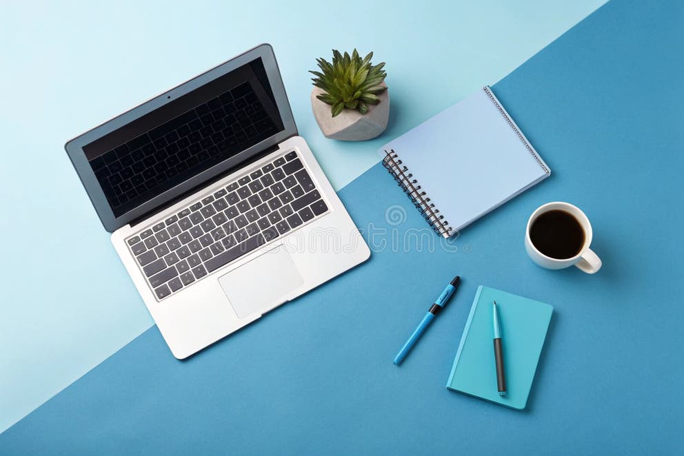 Creative Office Desktop Workspace. Blue Mock Up - Generated by Ai Stock ...