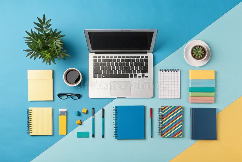 Creative Office Desktop Workspace. Blue Mock Up - Generated by Ai Stock ...